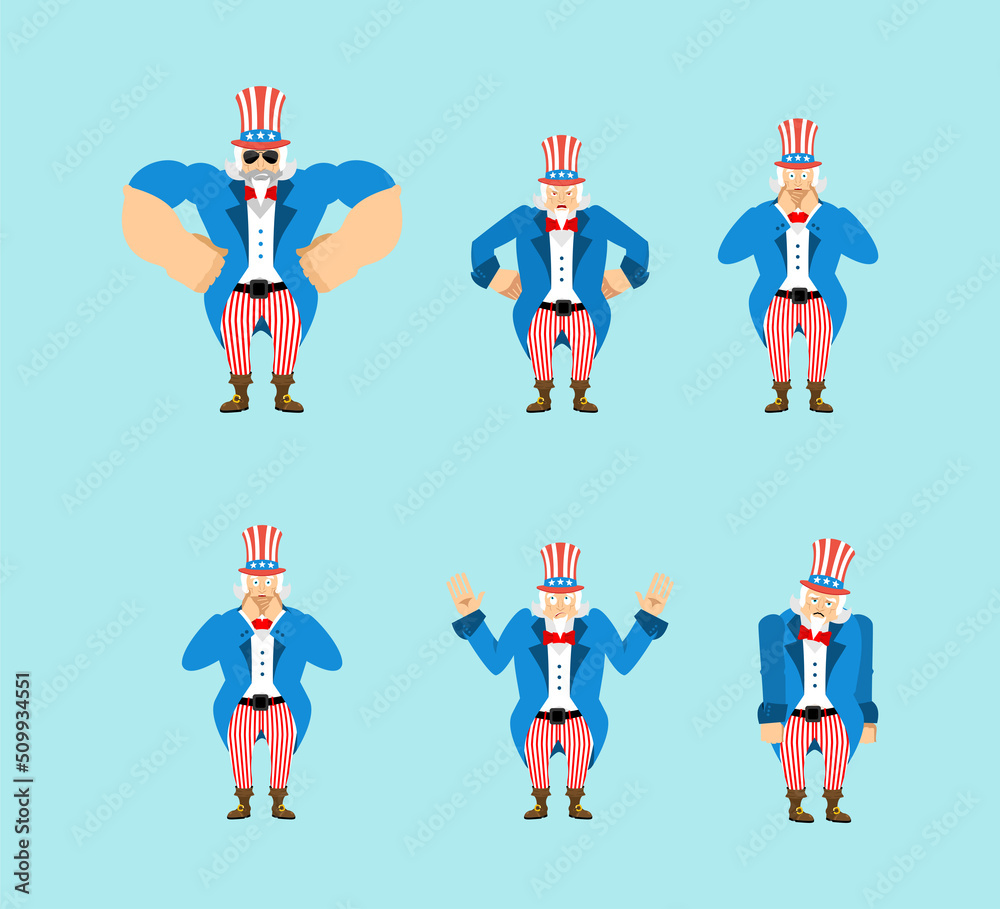 Uncle Sam set poses. Man happy and strong. sleeping and angry. guilty ...