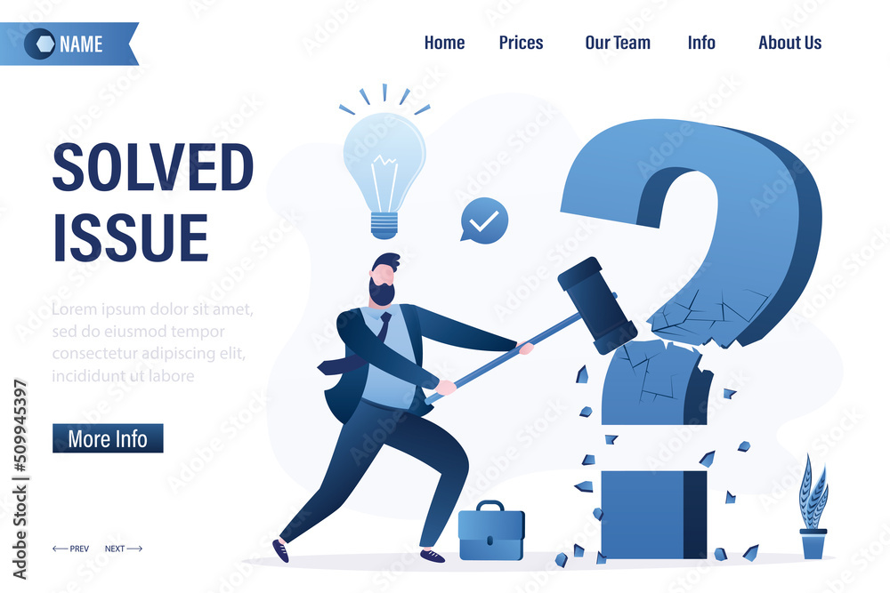 Solved issue, landing page template. Businessman uses hammer and ... Solved issue, landing page template. Businessman uses hammer and ...