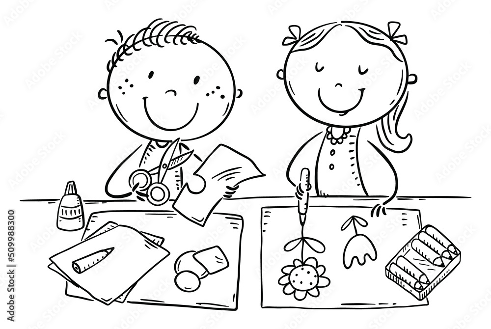 Illustration of school children enjoy crafting together, creative ...
