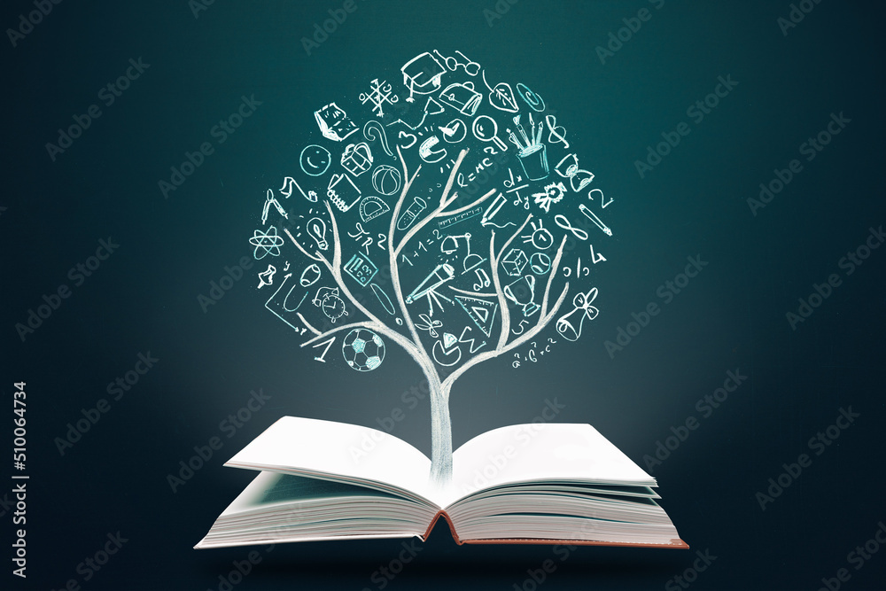 Education concept. Open books and knowladge tree with hand drawn school ...