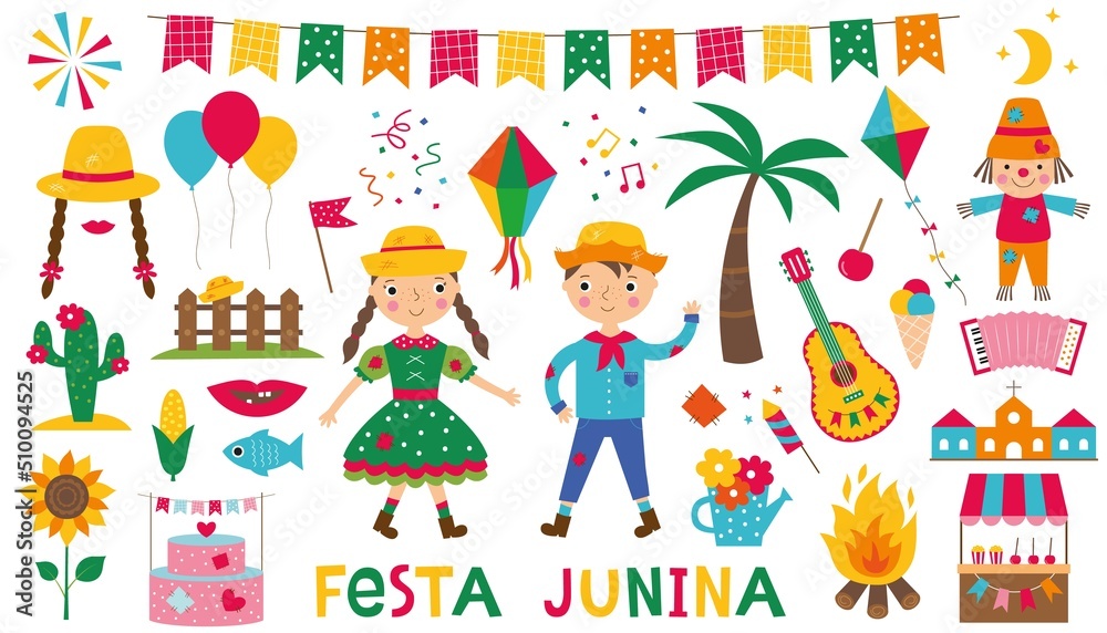 Festa Junina, traditional Brazil June party, vector clip art set Stock ...