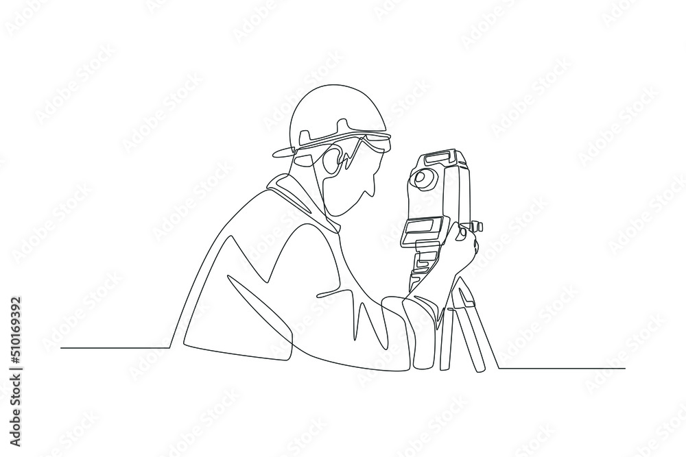 Continuous one line drawing construction worker use telescopes to ...