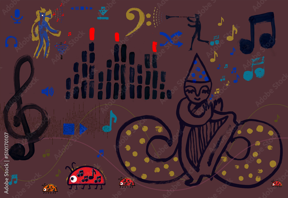 Cartoon Character with Harp, Graphic Equalizer, and Treble Clef Stock ...