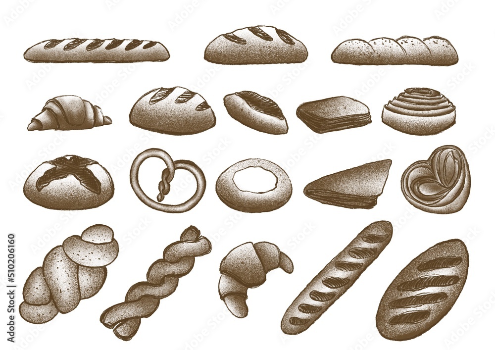 Simple contour illustrations of bakery products on a white background ...