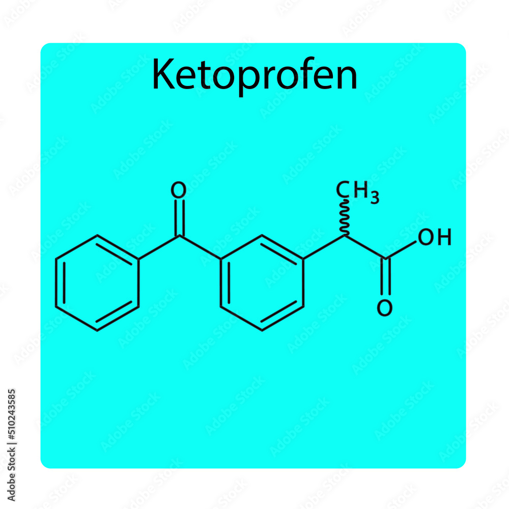 Ketoprofen molecular structure, flat skeletal chemical formula. NSAID ...