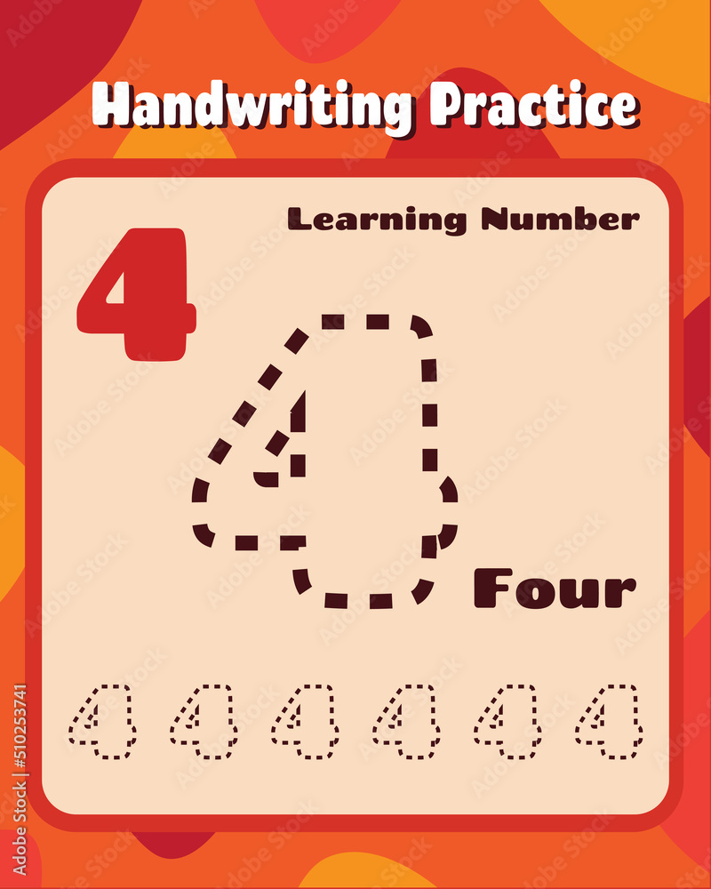 Number 4 handwriting trace practice worksheet for preschool kids ...