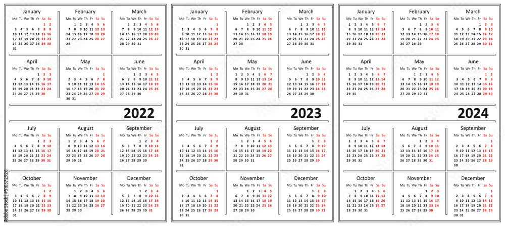 Template of a calendar of white color. Calendar for 2022, 2023 and 2024 ...