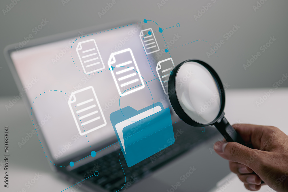 Electronic online doc. Man with magnifying glass. Data analytics, annual report, result checking ...
