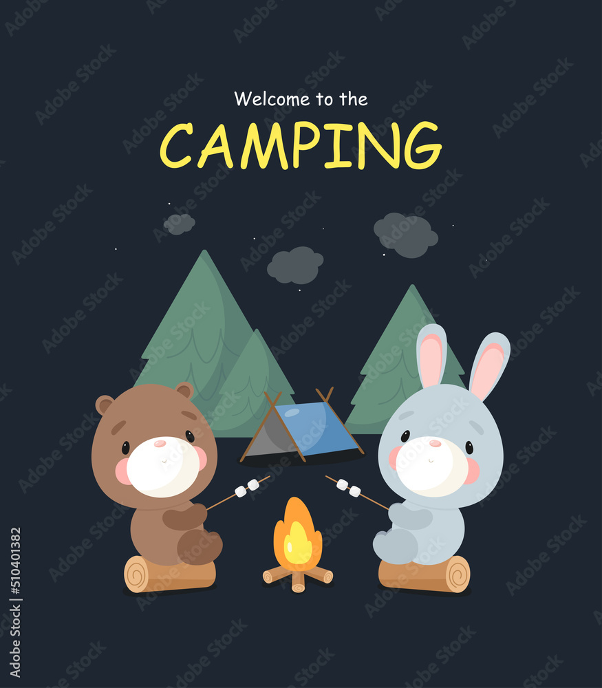 Camping poster with cute bear and rabbit roast marshmallows on a ...