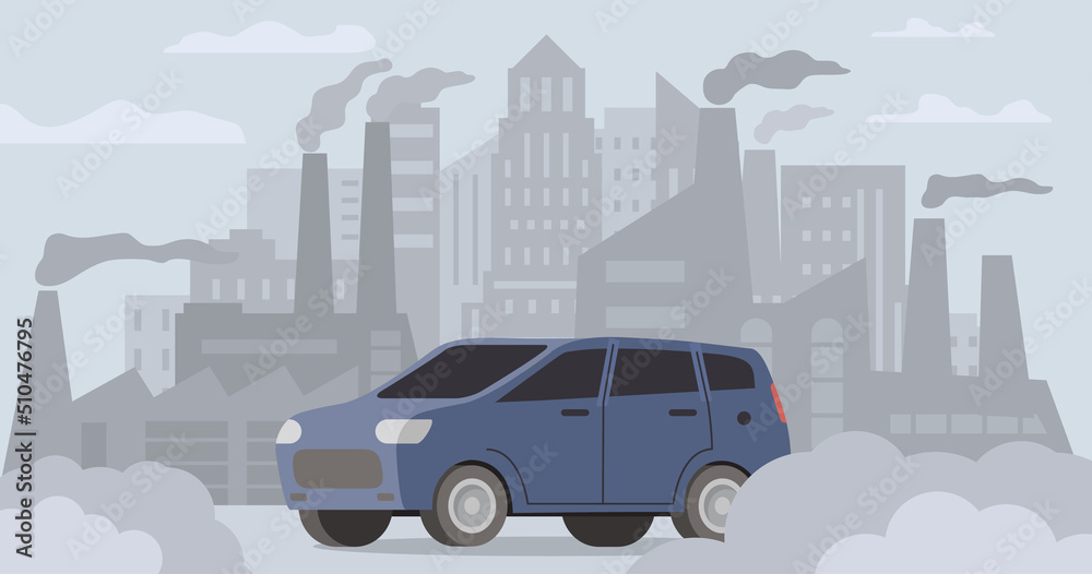 Car air pollution.Road smog.Industrial carbon dioxide cloud. Polluted ...