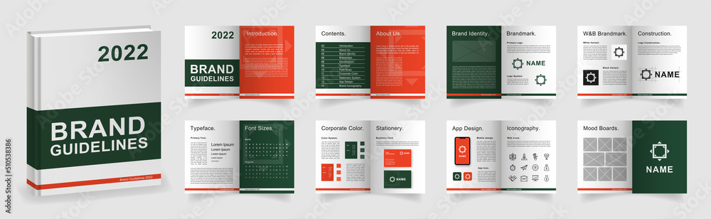 Dark Green Brand Guidelines template. Brand Manual presentation in A4 ...
