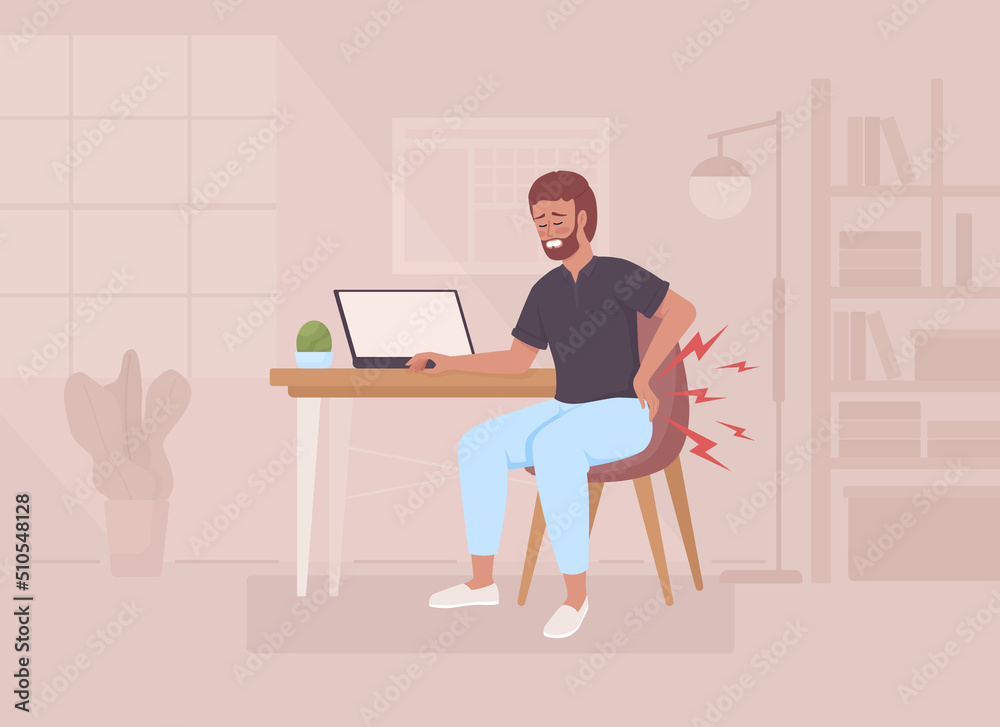 Back pain due to prolonged sitting flat color vector illustration ...