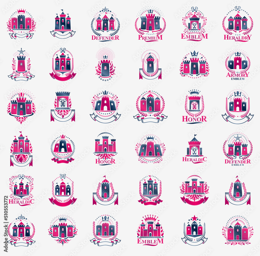 Castles logos big vector set, vintage heraldic fortresses emblems ...