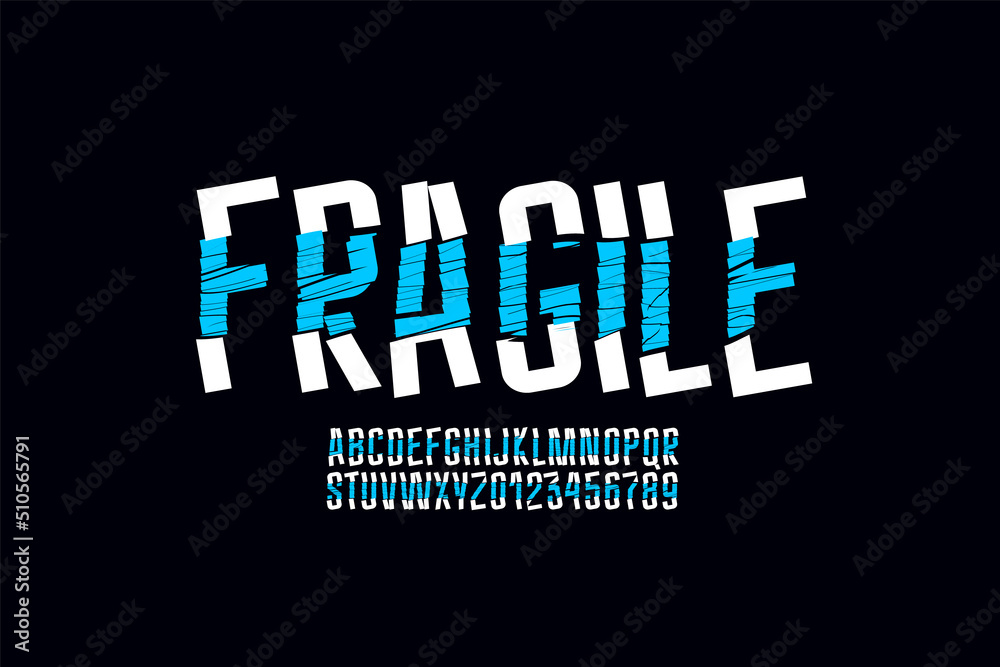 Broken condensed font, narrow cutting alphabet, fragile letters and ...