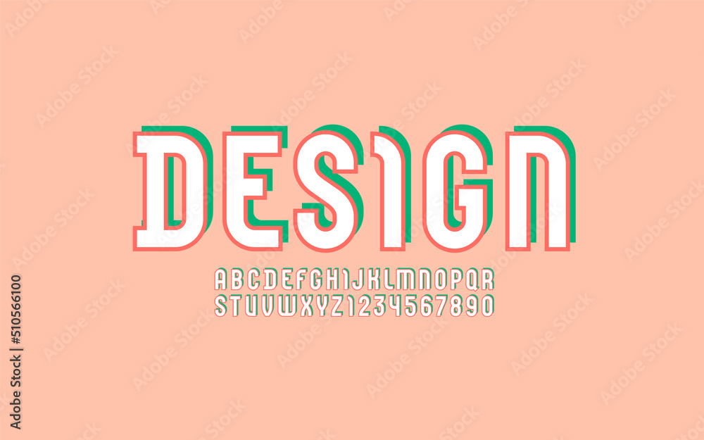 Design font, condensed alphabet sans serif with shadow, colored letters ...