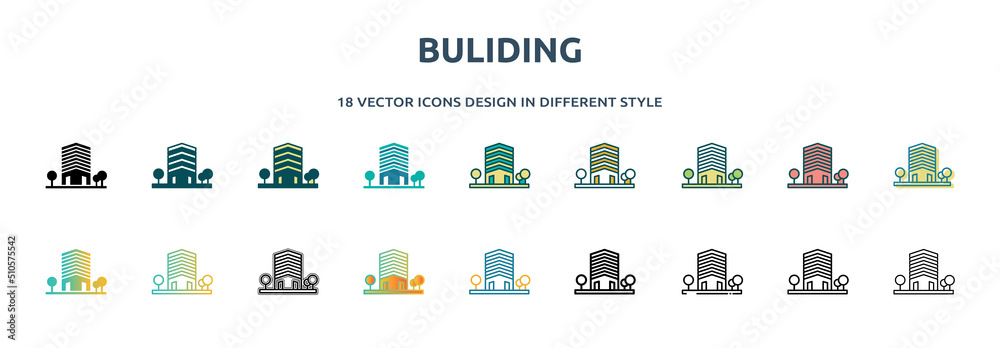 buliding icon in 18 different styles such as thin line, thick line, two ...
