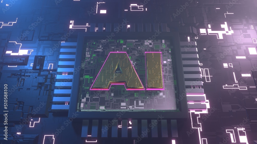 3d rendering of the processor with the AI artificial intelligence ...