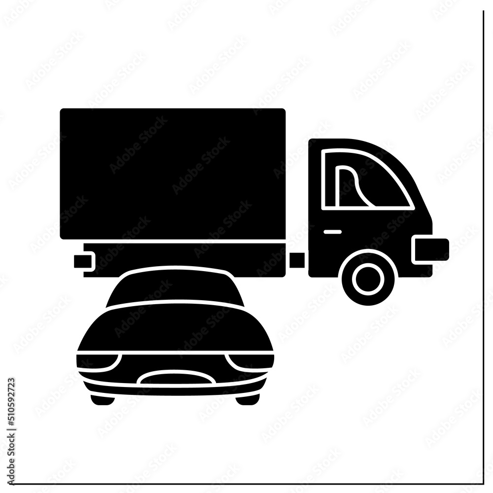 Cars glyph icon. Delivery truck and personal automobile. Green ...