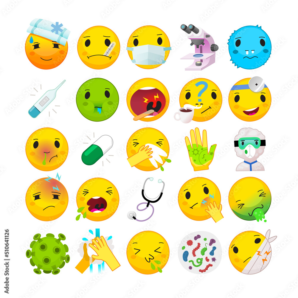 Collection of health issues and illness symptoms emoticons. Health care ...