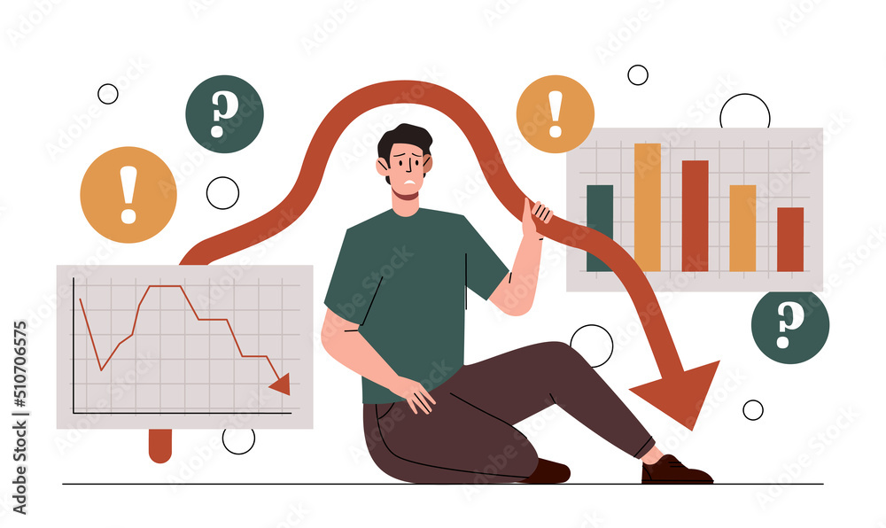 Vetor Entrepreneur bankruptcy concept. Guy next to graphs and charts, financial failures, crisis ...