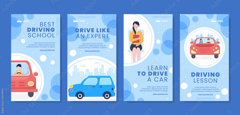 Car Driving School Stories Template Social Media Flat Cartoon ...