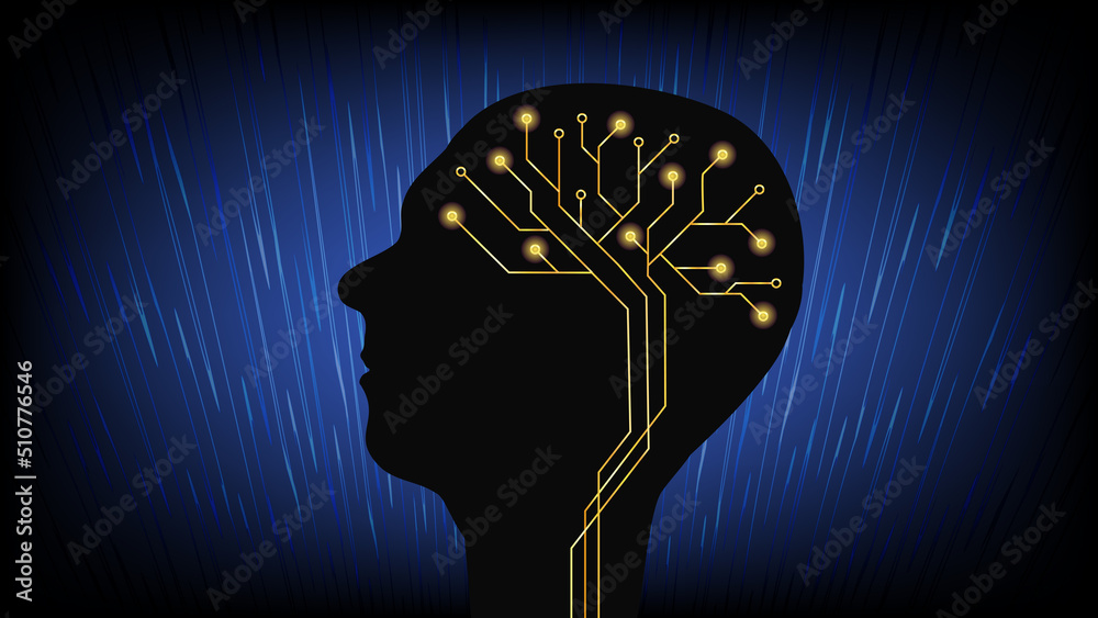 Silhouette of human head in profile with brain made of circuit board ...