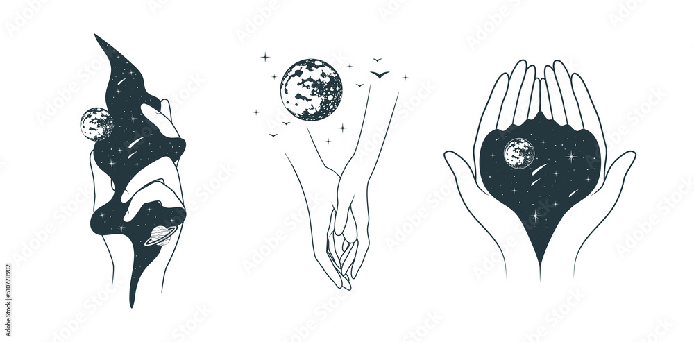 Celestial hands with moon, stars, planet and birds. Three vector ...