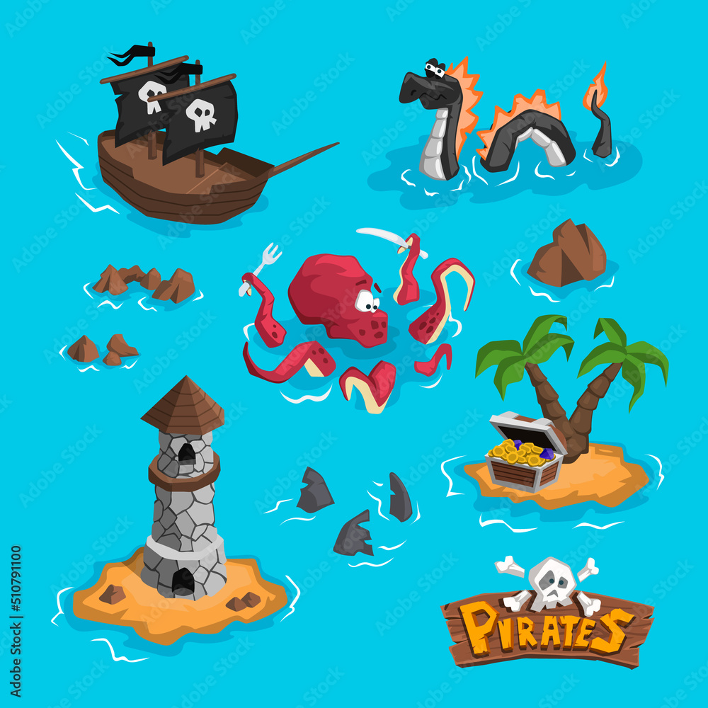 Cartoon pirate map. Nursery characters of caribbean journey. Isometric ...