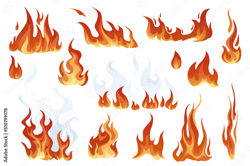 Hot flaming fires in cartoon style set isolated elements. Bundle of red ...