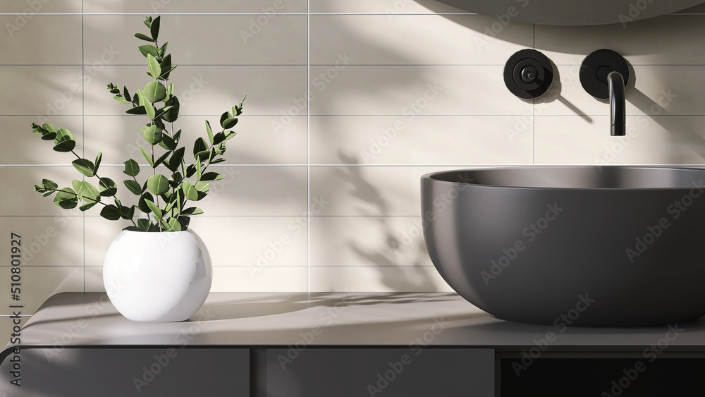 Realistic 3D render, modern round matt gray ceramic wash basin with ...