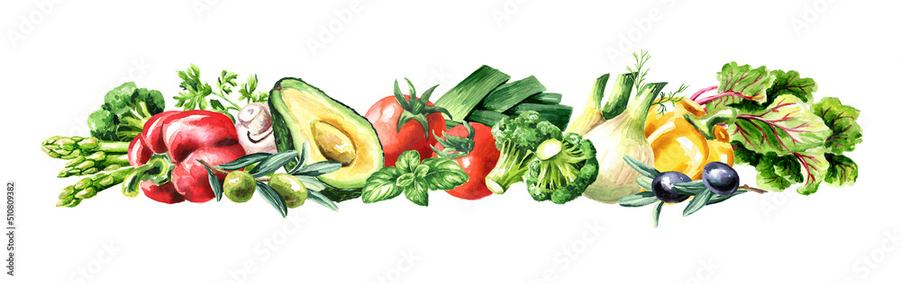 Vegan Menu, Fresh vegetables border, Hand drawn watercolor illustration ...