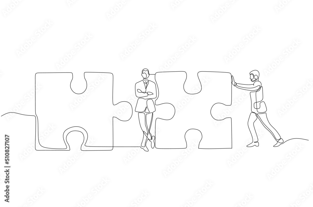 One continuous line drawing of two young businessmen push puzzle pieces ...