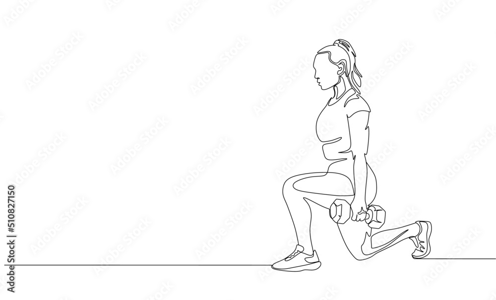 Single continuous line drawing of young sportive woman training in gym ...