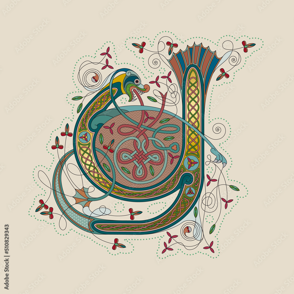 Illuminated, Medieval Initial Letter Y combining animal body parts from ...