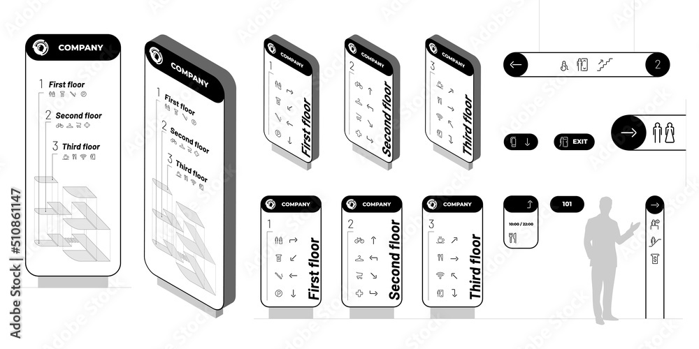 Стоковое векторное изображение «Wayfinding system signage mockup set. Exterior and interior way ...