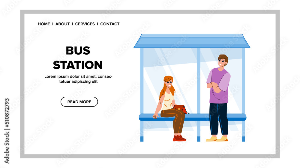 bus station vector. street stop travel, city man woman witing transport ...