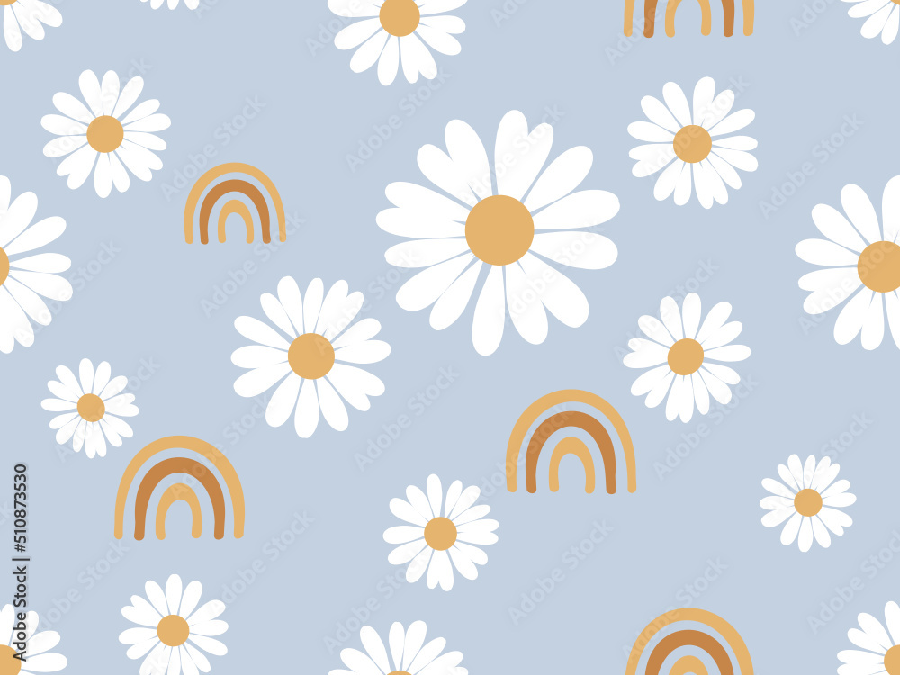 Seamless pattern with daisy flower and gold rainbows on blue background ...