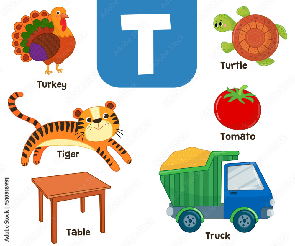 English alphabet in pictures — Children's colored letter T — vector ...