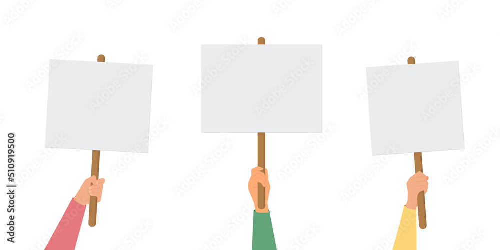 Empty sign in hand. Hands holding blank protest poster. Cartoon vector ...