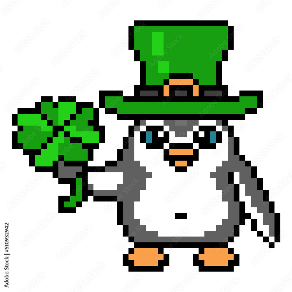 Penguin with a lucky shamrock, pixel art isolated on white background ...