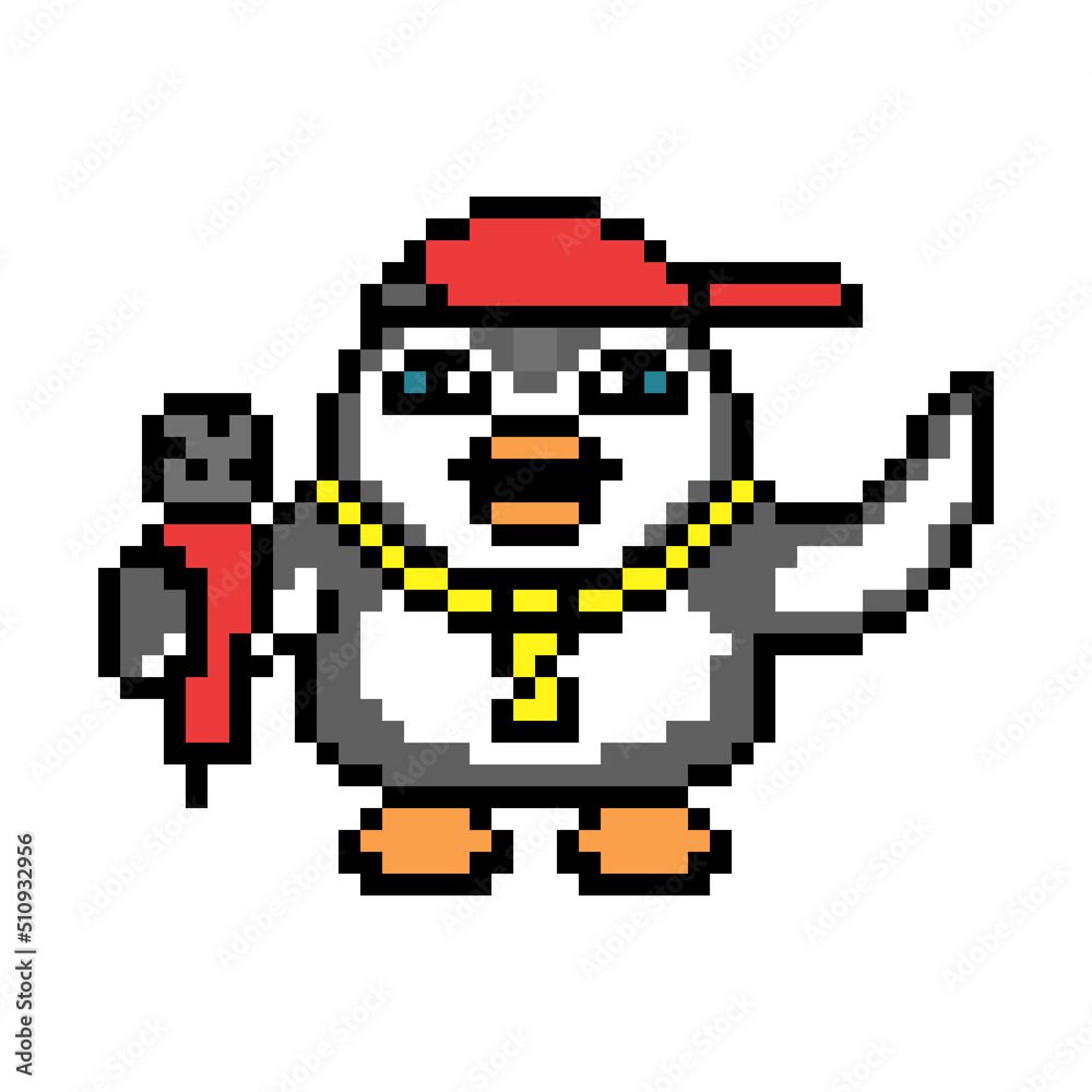 Penguin hip-hop artist in a red cap and gold chain with a microphone ...