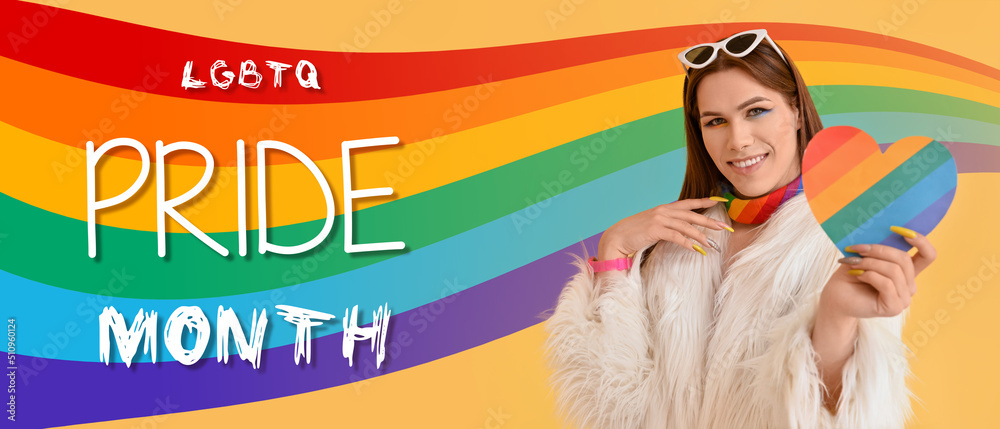 Portrait of stylish young transgender woman with rainbow heart on ...