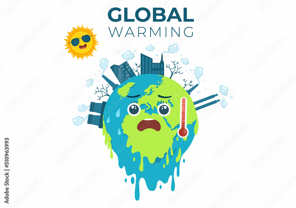 Global Warming Cartoon Style Illustration with Planet Earth in a Melting or Burning State and ...
