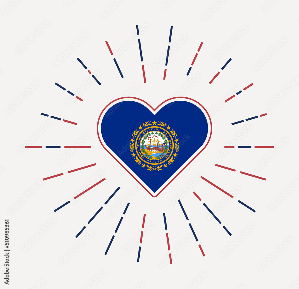 New Hampshire heart with flag of the US state. Sunburst around New ...