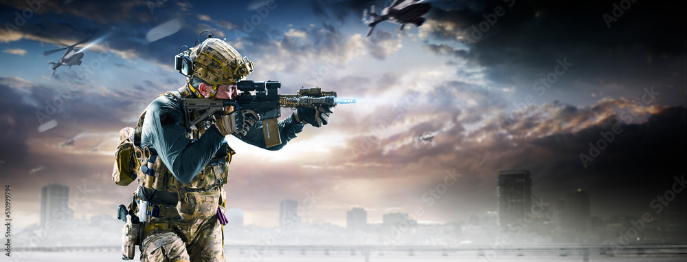 Soldier special forces on a futuristic background. Military concept of ...