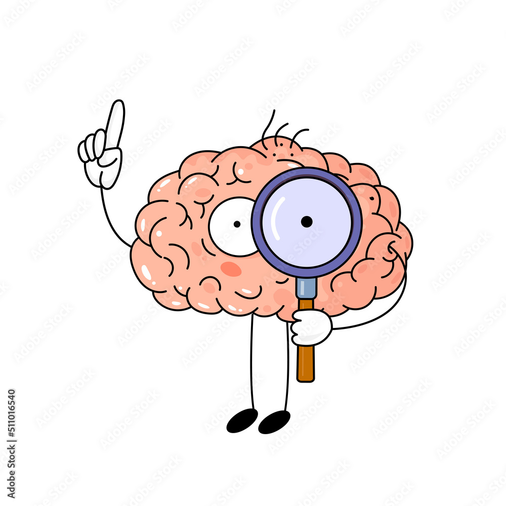 Cute cartoon brain with magnifier on white background. Funny vector ...