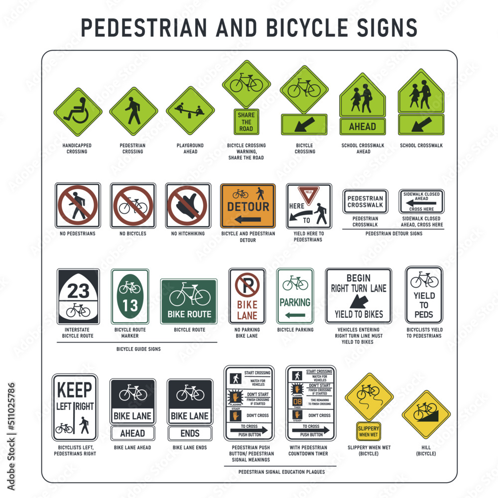 Set of US pedestrian and bicycle road signs. Stock Vector | Adobe Stock