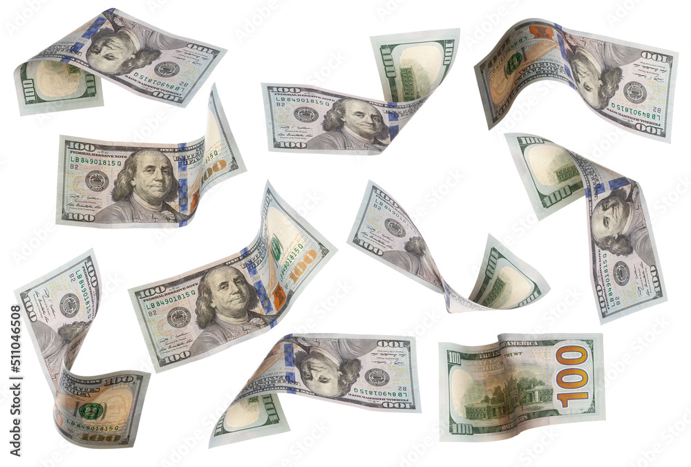 Dollars, flying money, curved in different ways, isolated on a white ...