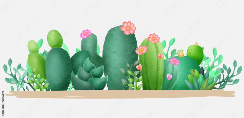 Horizontal border of different succulent, hand drawn style vector ...