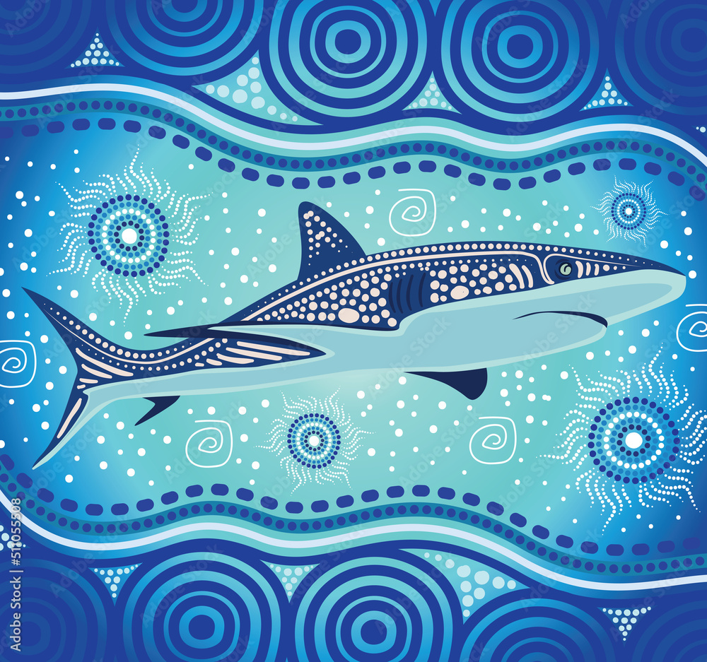 Aboriginal dot artwork with underwater shark Stock Vector | Adobe Stock